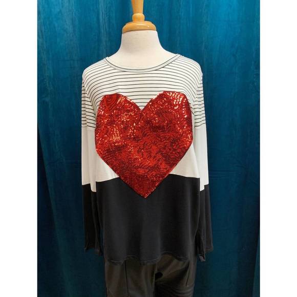 7th Ray | Tops | New 7th Ray Stripe Sequin Red Heart Top In Black And ...